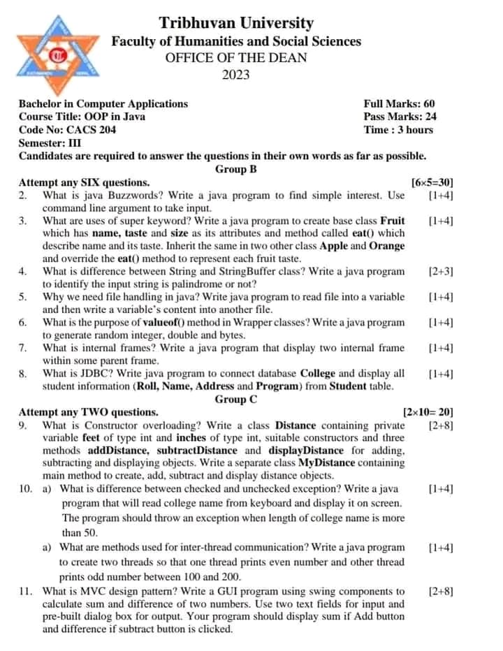 BCA Third Semester OOP in Java Old Questions - BCA Nepal