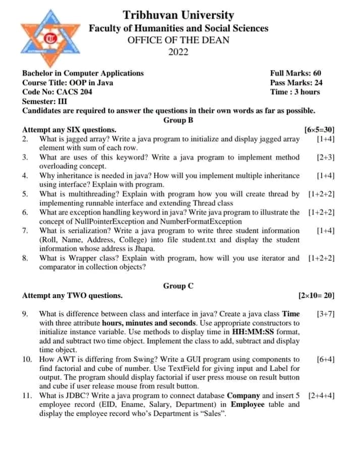 BCA Third Semester OOP in Java Old Questions - BCA Nepal